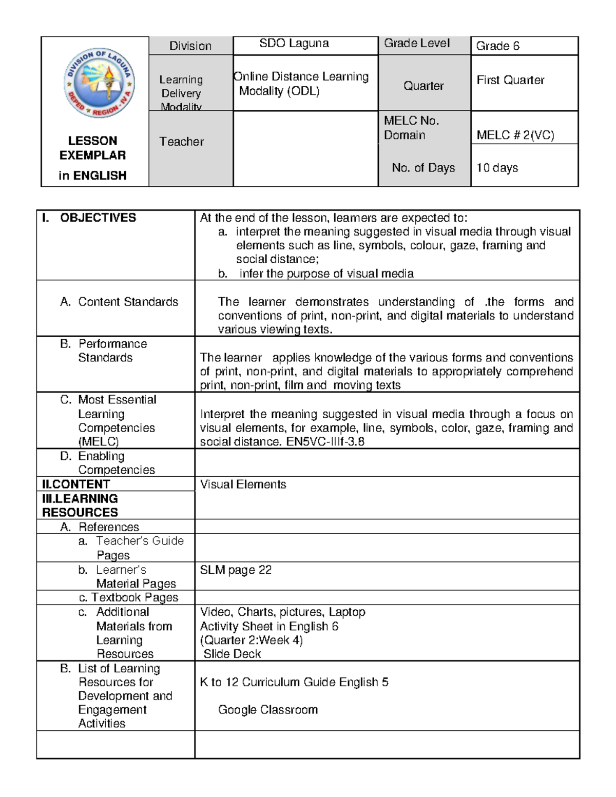 Grade 6 ODL MELC 2 - Sample Lesson Plan on Interpreting Visual Elements ...