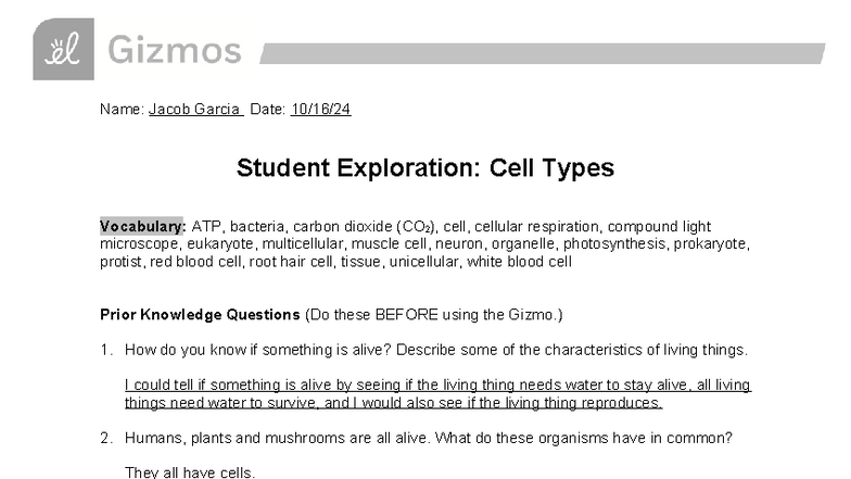 Gizmo Lab: Exploring Cell Types and Structures in Biology - Studocu