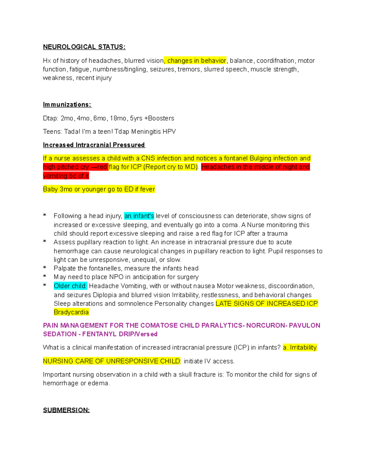 Peds q3 Neuro - Peds - NEUROLOGICAL STATUS: Hx of history of headaches ...