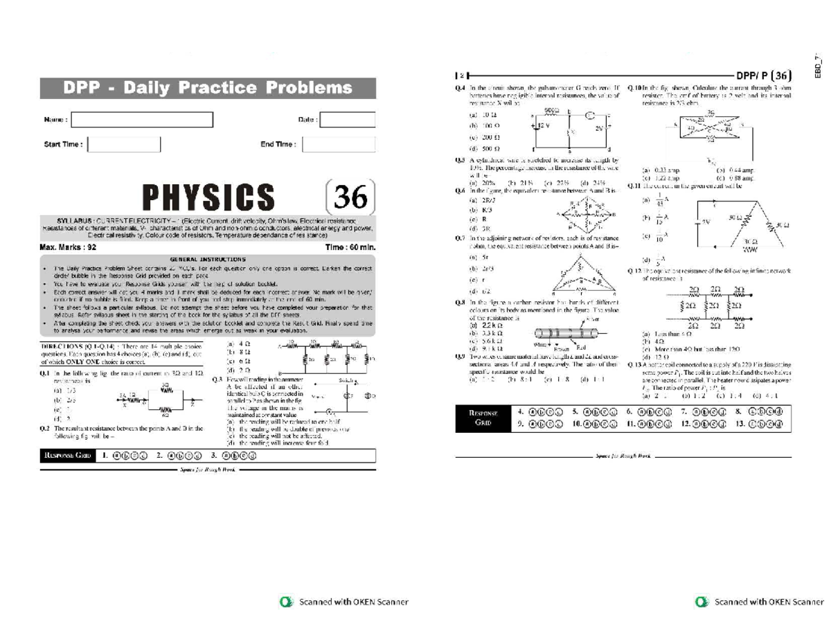 DPP Daily Practice Problems on Current Electricity (PHYSICS 36) - Studocu