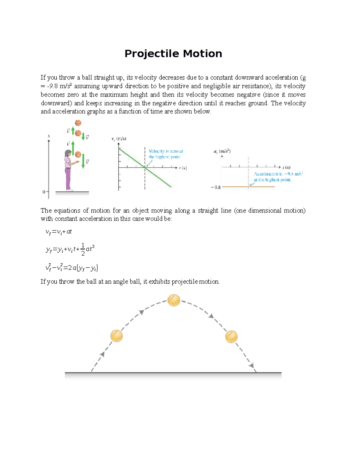 Projectile Motion - The velocity and acceleration graphs as a function ...