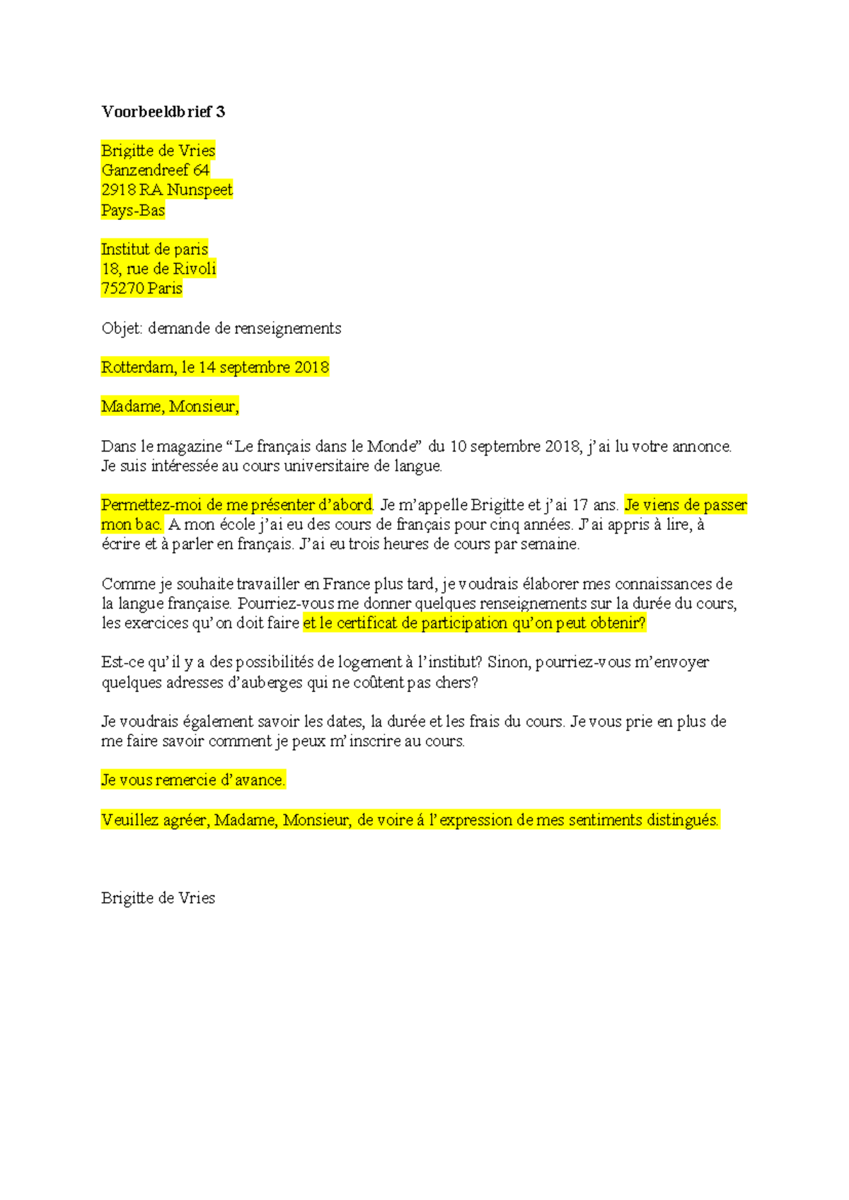 Demande de Renseignements - Exemple de Lettre 3 - Studeersnel