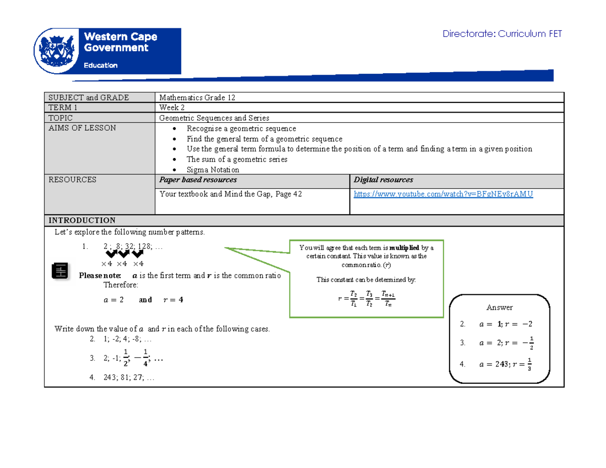 Mathematics Grade 12 Term 1 Week 2: Geometric Sequences & Series - Studocu