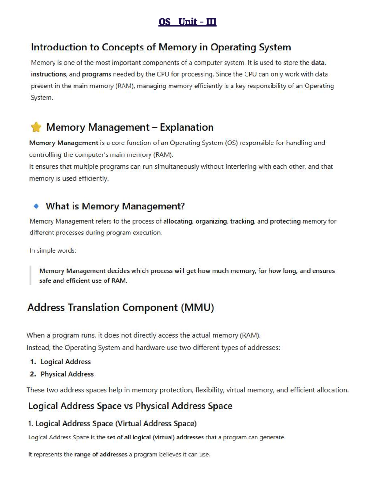 OS Unit-III: Introduction to Memory Management Concepts - Studocu