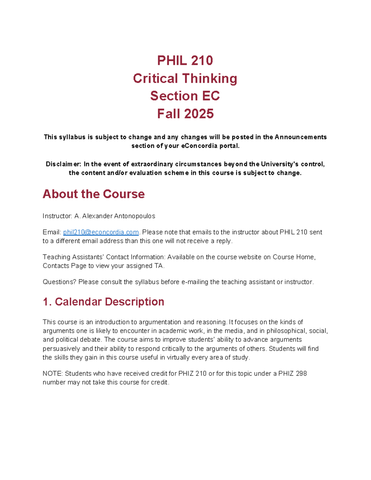 PHIL 210 Critical Thinking Course Outline - Fall 2025 - Studocu