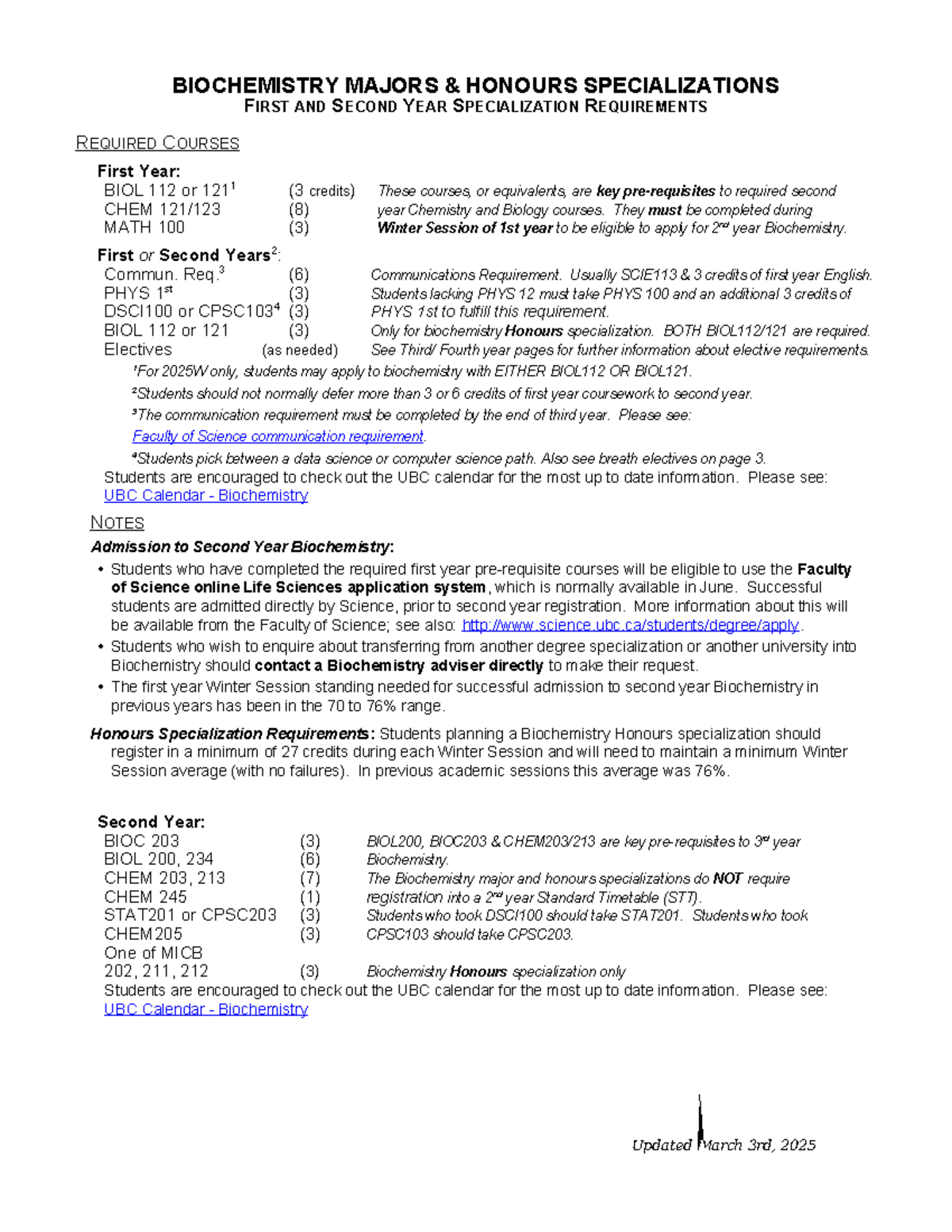 Biochemistry Majors Honours Specialization Requirements (2025) - Studocu