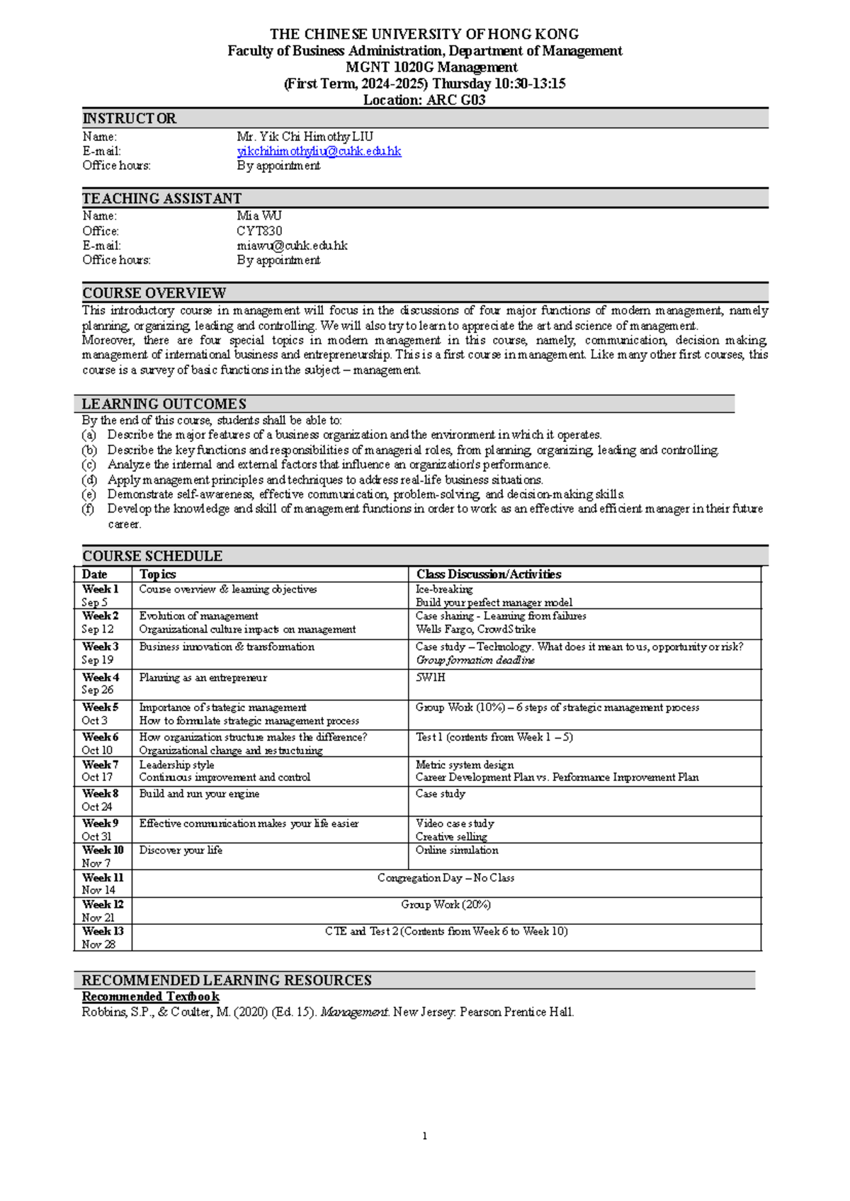 MGNT1020 G Course Outline for First Term 2024-2025 - Studocu
