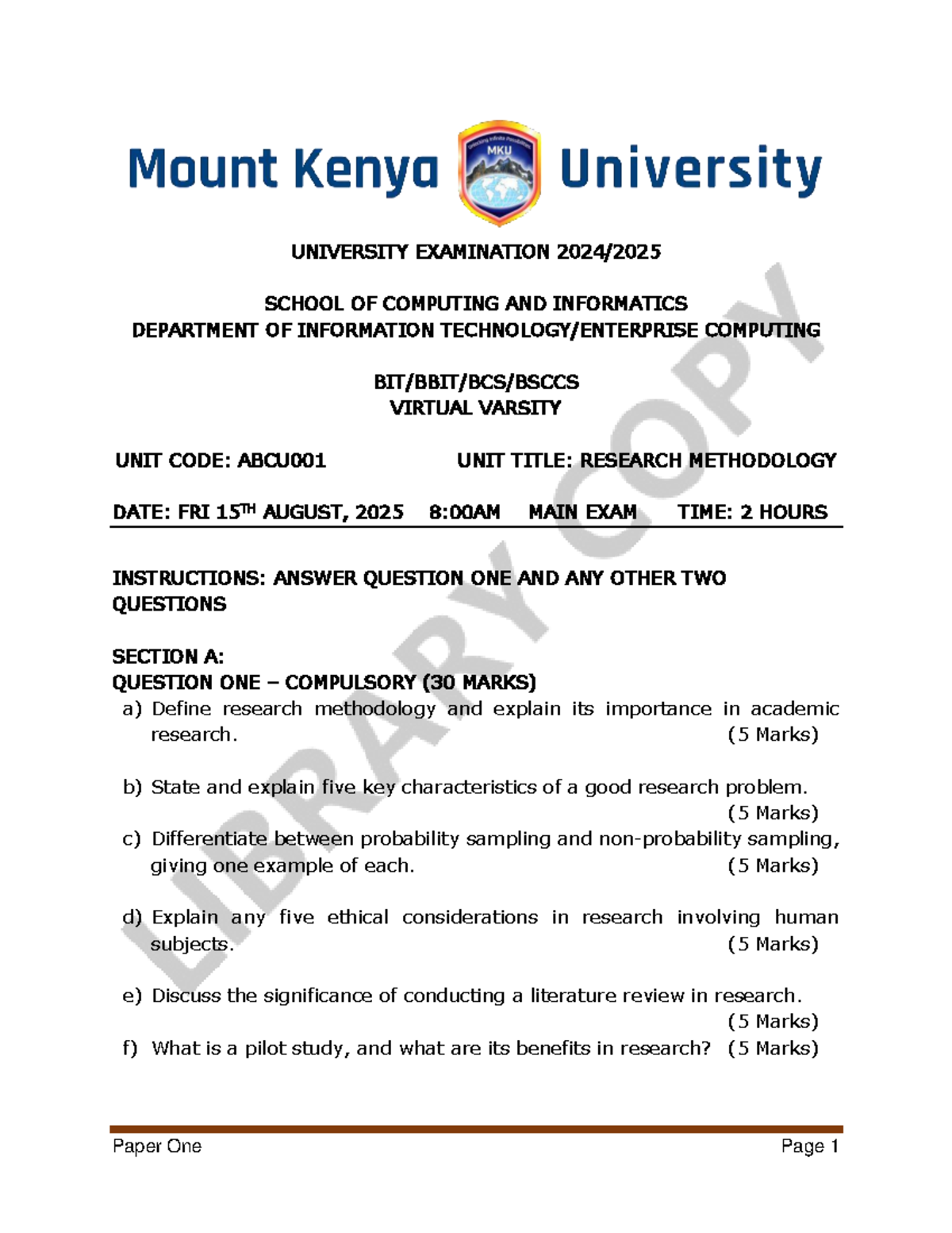 ABCU001 Research Methodology Final Exam Paper - August 2025 - Studocu