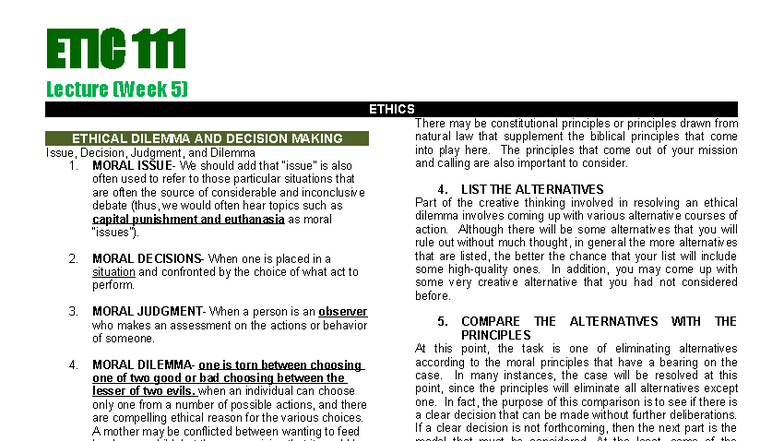 ETIC 111 Week 5 - Ethics: Dilemmas & Decision-Making Notes - Studocu