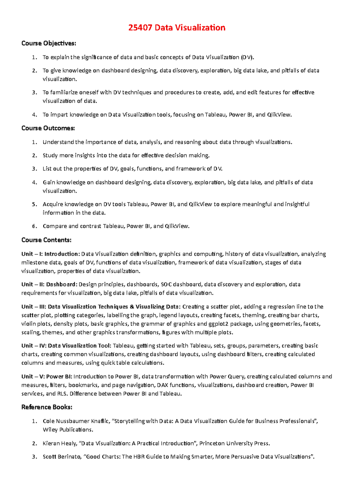 25407 MBA Data Visualization Course Syllabus and Objectives - Studocu