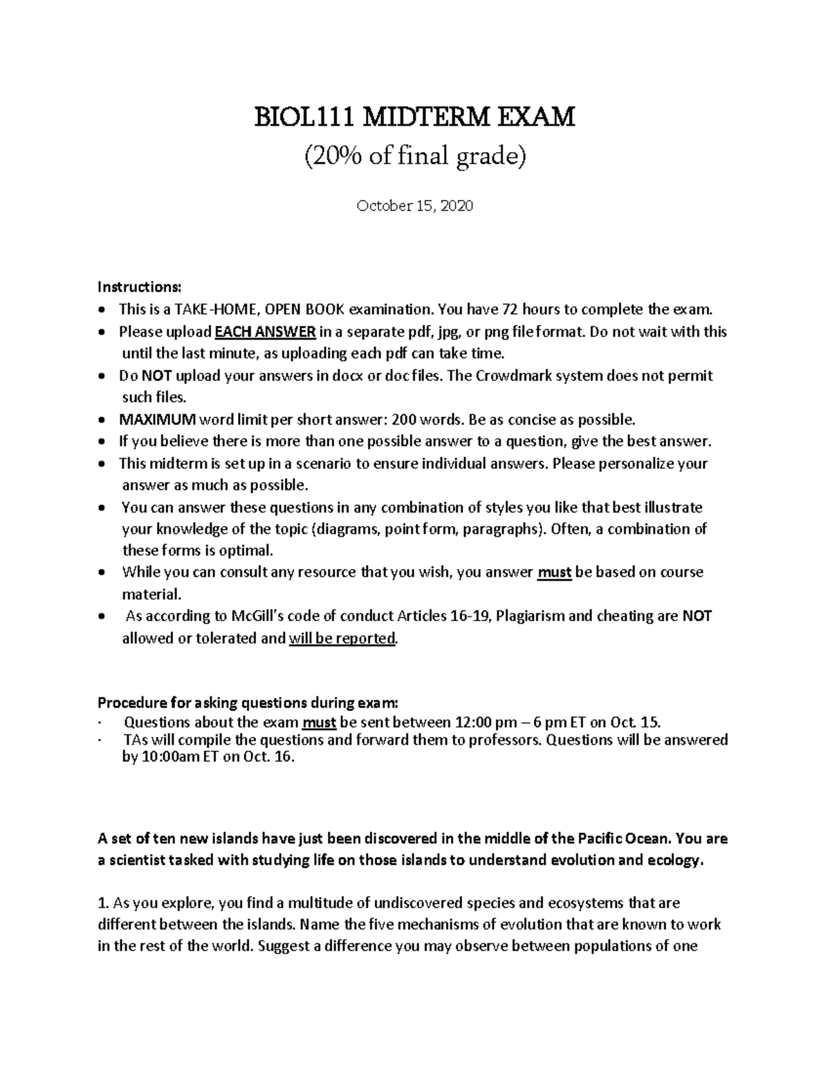 BIOL111 Midterm 2020 - BIOL111 MIDTERM EXAM (20% of final grade) October 15, 2020 Instructions ...