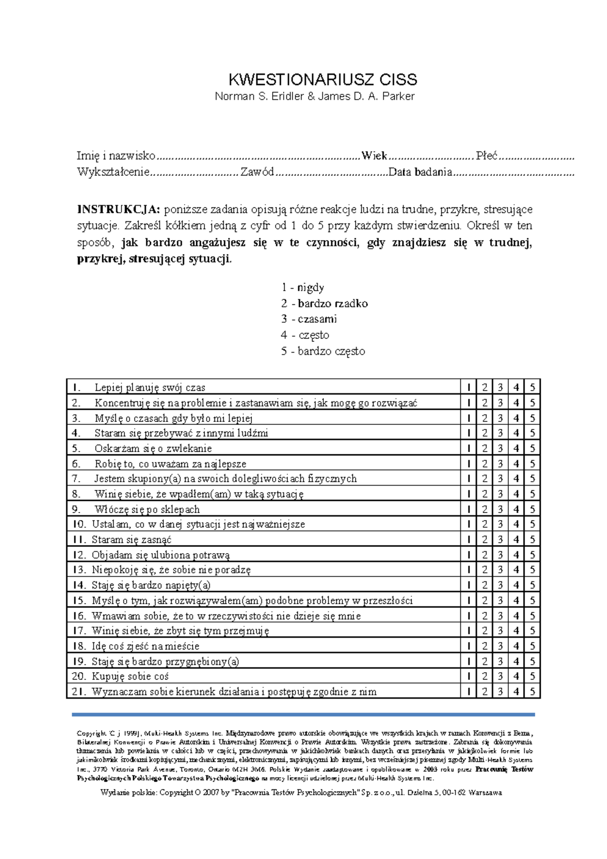 Kwestionariusz CISS - Arkusz Odpowiedzi i Pytań - Studocu
