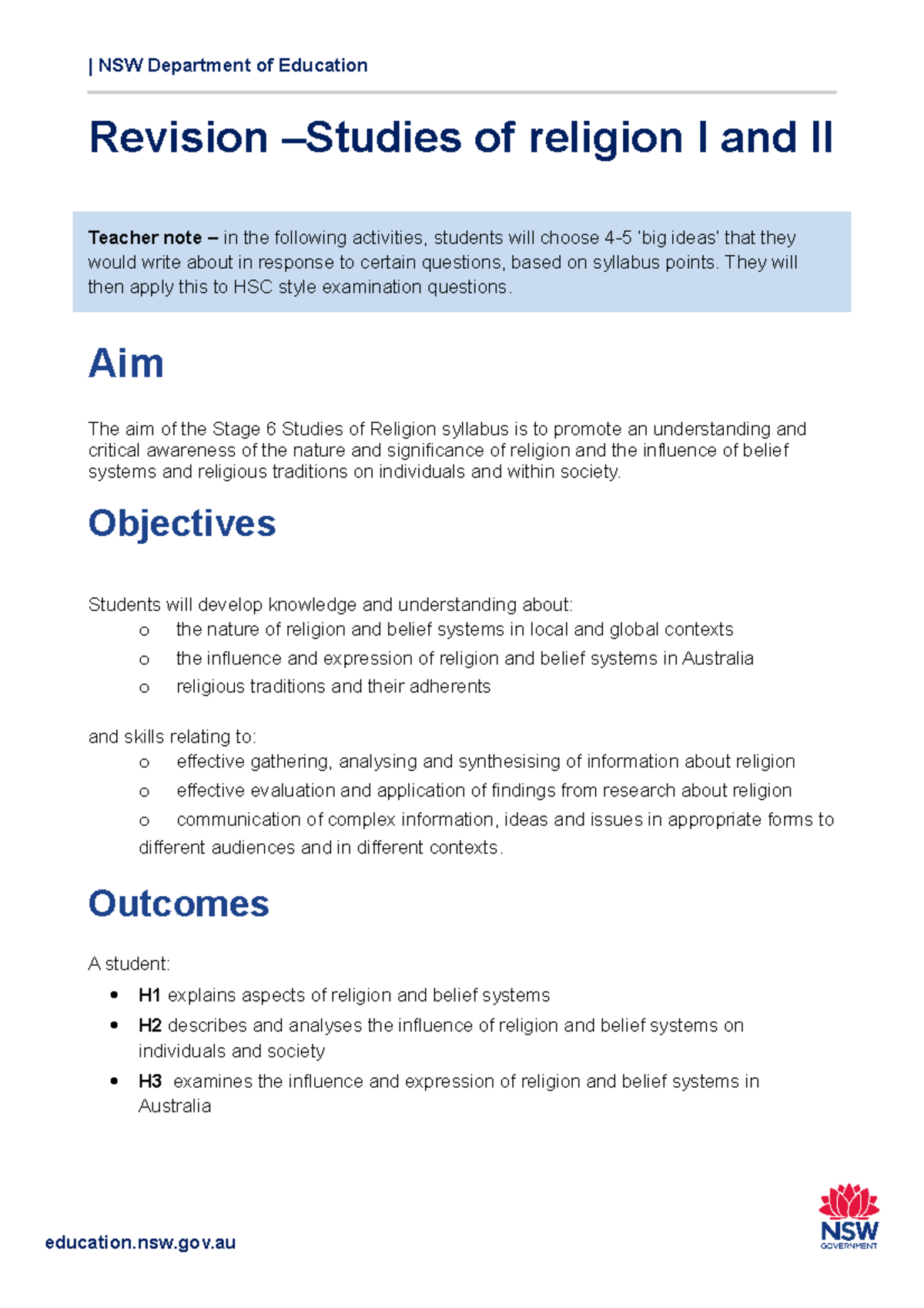 HSC Revision: Studies of Religion Syllabus Summary and Guidelines - Studocu
