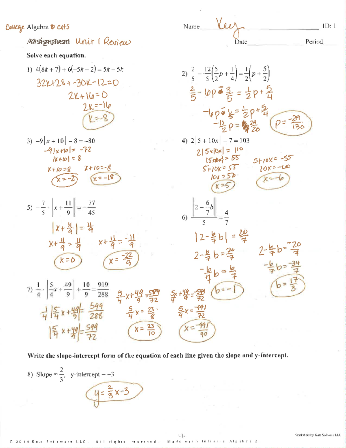 College Algebra CHS Unit 1 Review Key: Solve Each Equation - Studocu