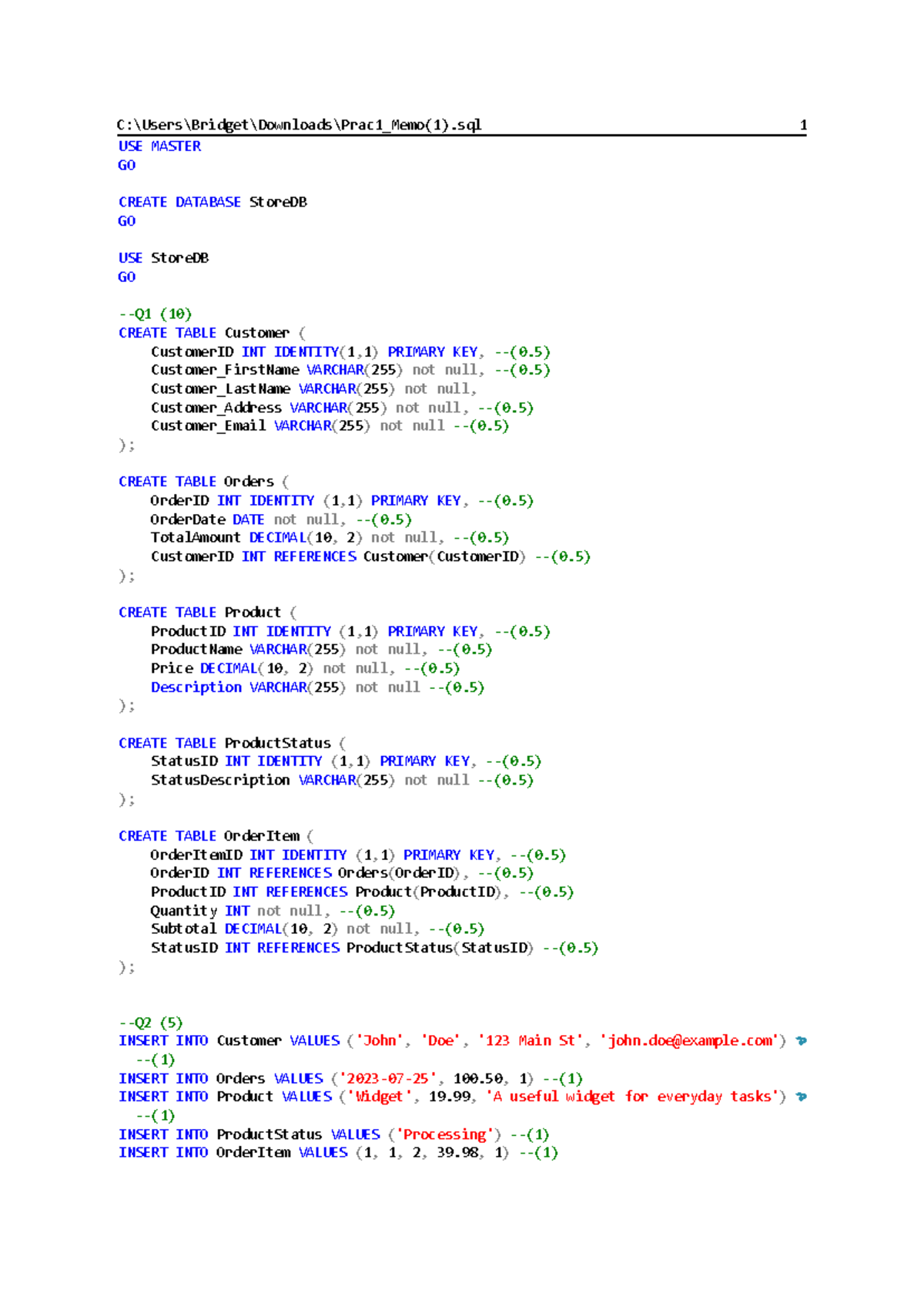 INF 261 Prac 1 Memo - C:\Users\Bridget\Downloads\Prac1_Memo(1).sql 1 ...