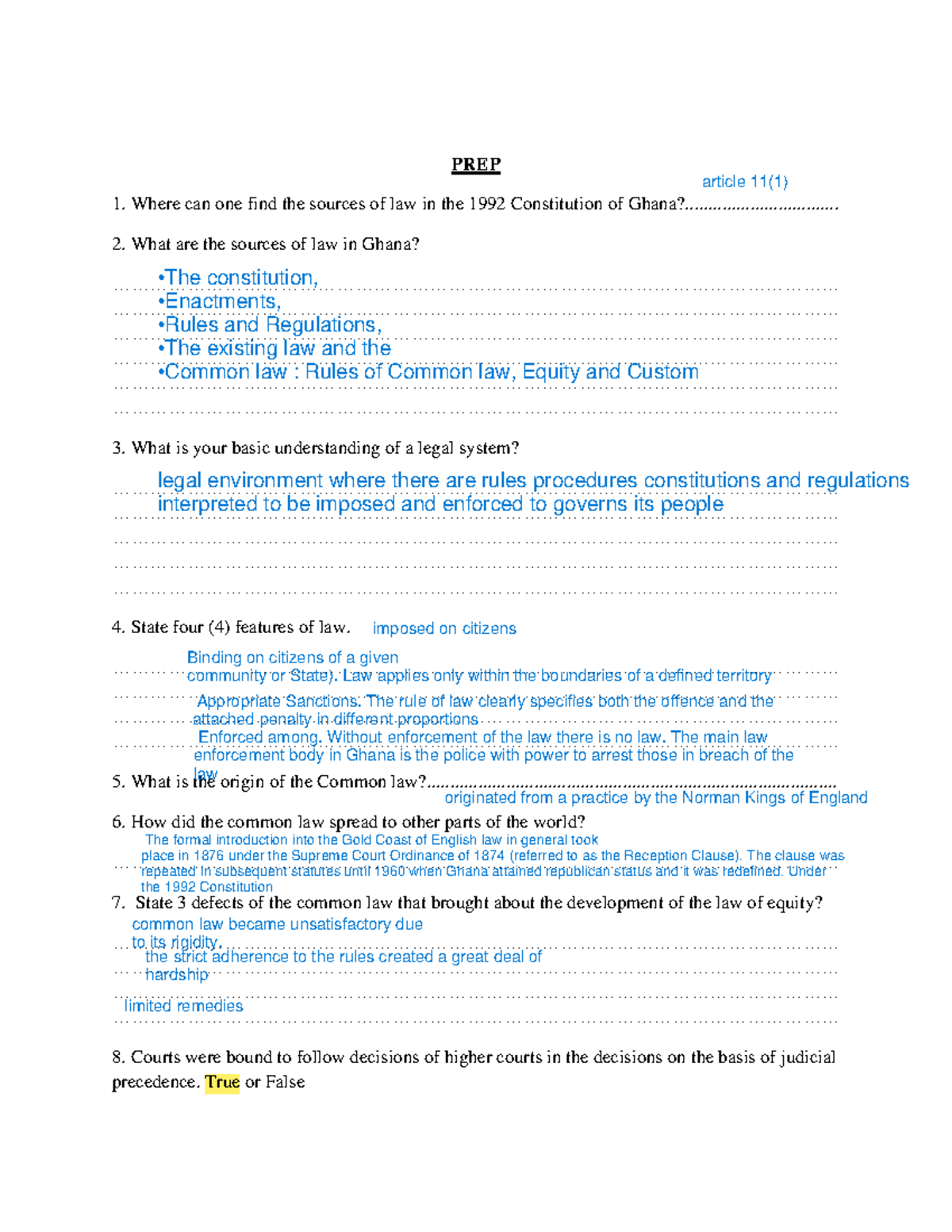 Business Law Notes: Sources of Law in Ghana (PREP) - Studocu