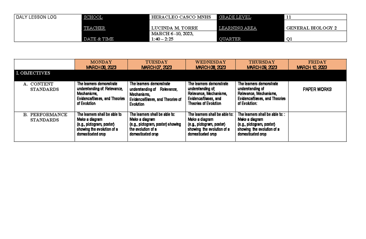 lesson log of general biology - DALY LESSON LOG SCHOOL HERACLEO CASCO ...