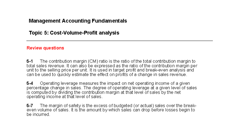 Management Accounting Fundamentals: Topic 5 CVP Analysis Review - Studocu