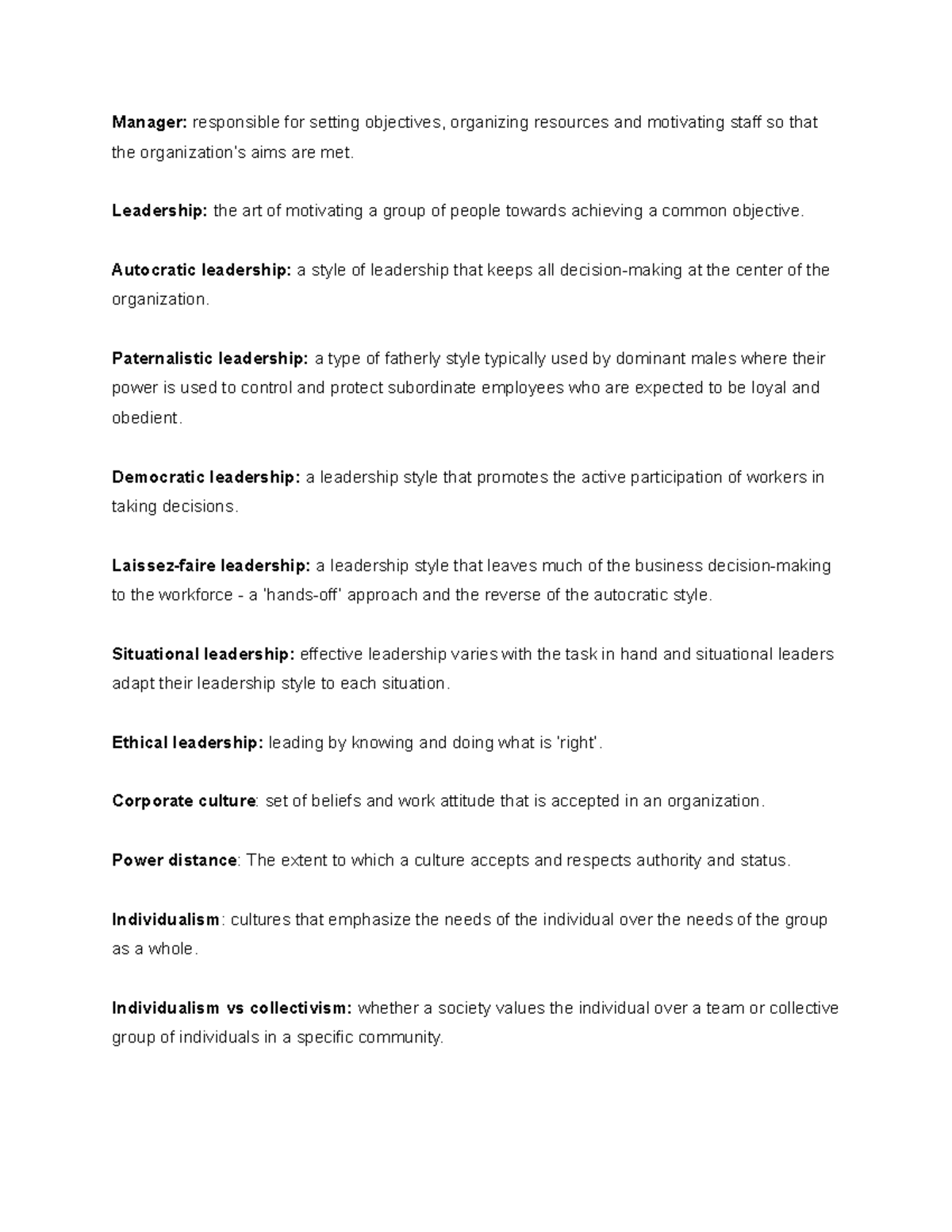 Key Terms for Business Review 2.3: Leadership Styles & Culture - Studocu