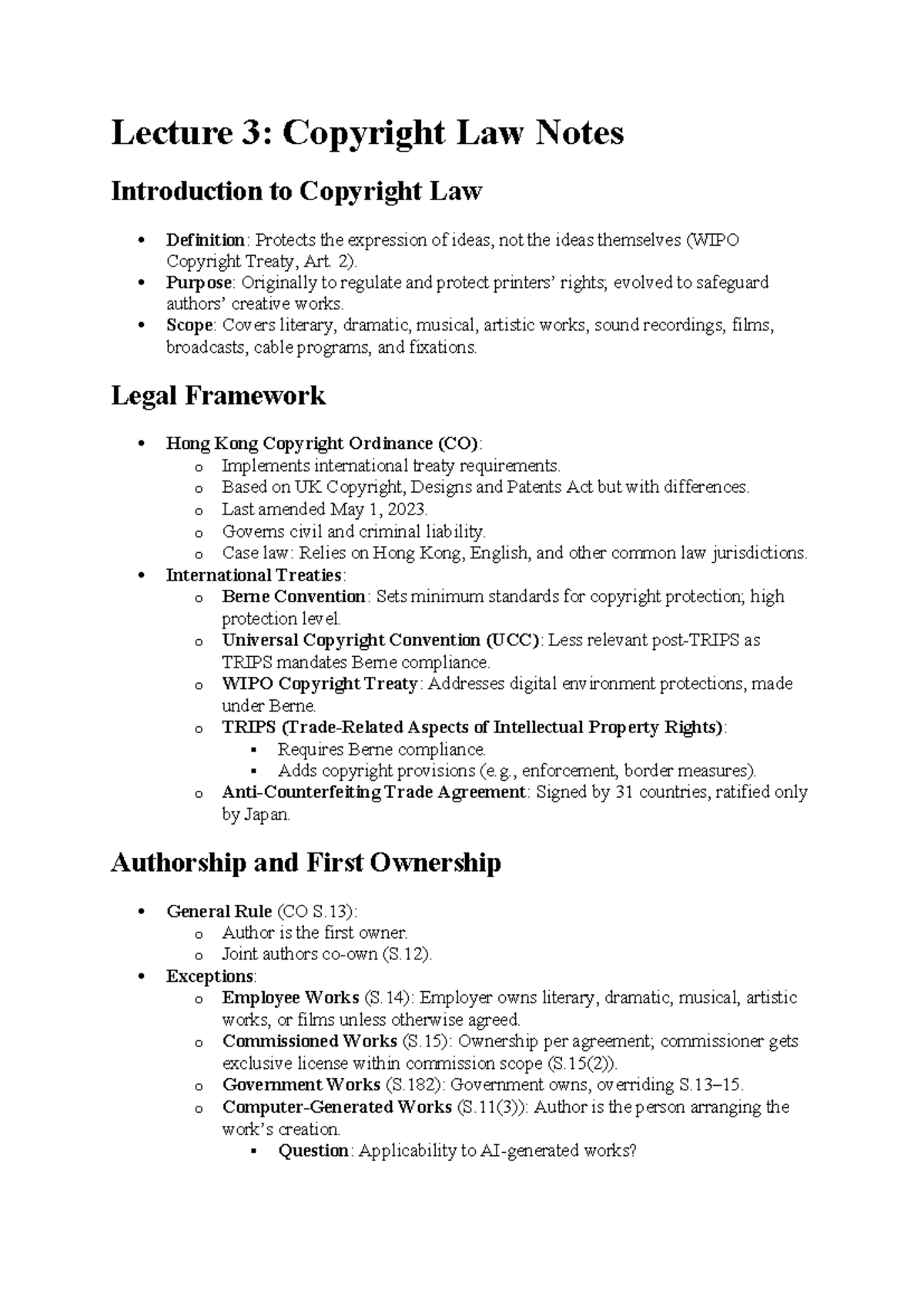 Lecture 3: Copyright Law Overview and Key Concepts - Studocu