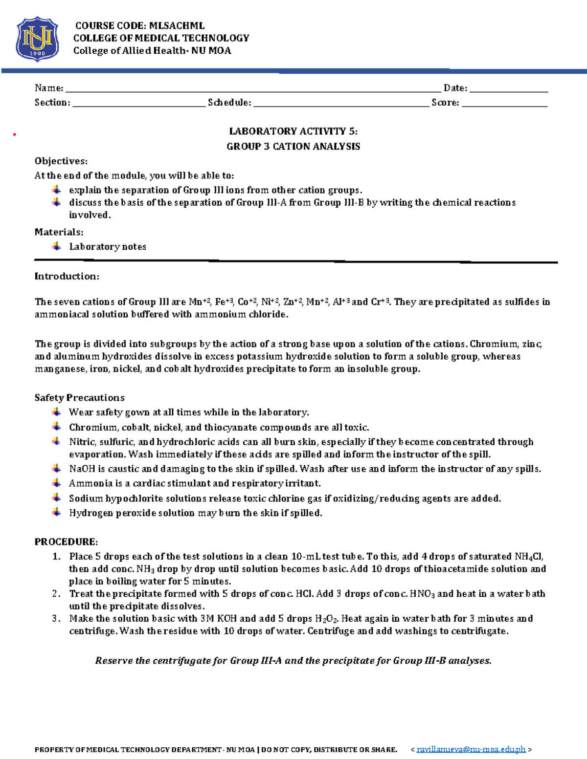 MLSACHML - Ana Chem Lab 6: Group 3 Cation Analysis Procedures and ...