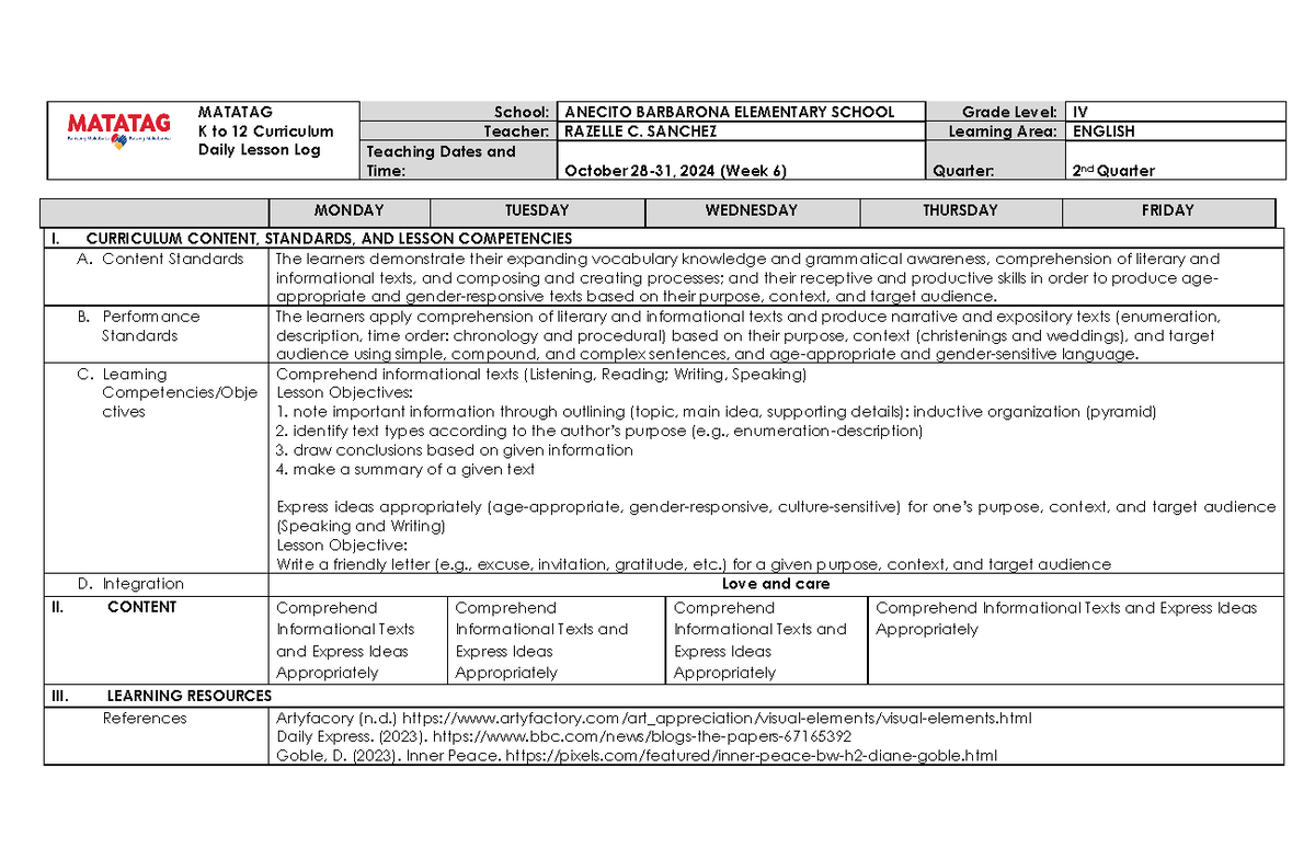 Matatag DLL Week 6 English G4 Quarter 2 Lesson Plan - Studocu