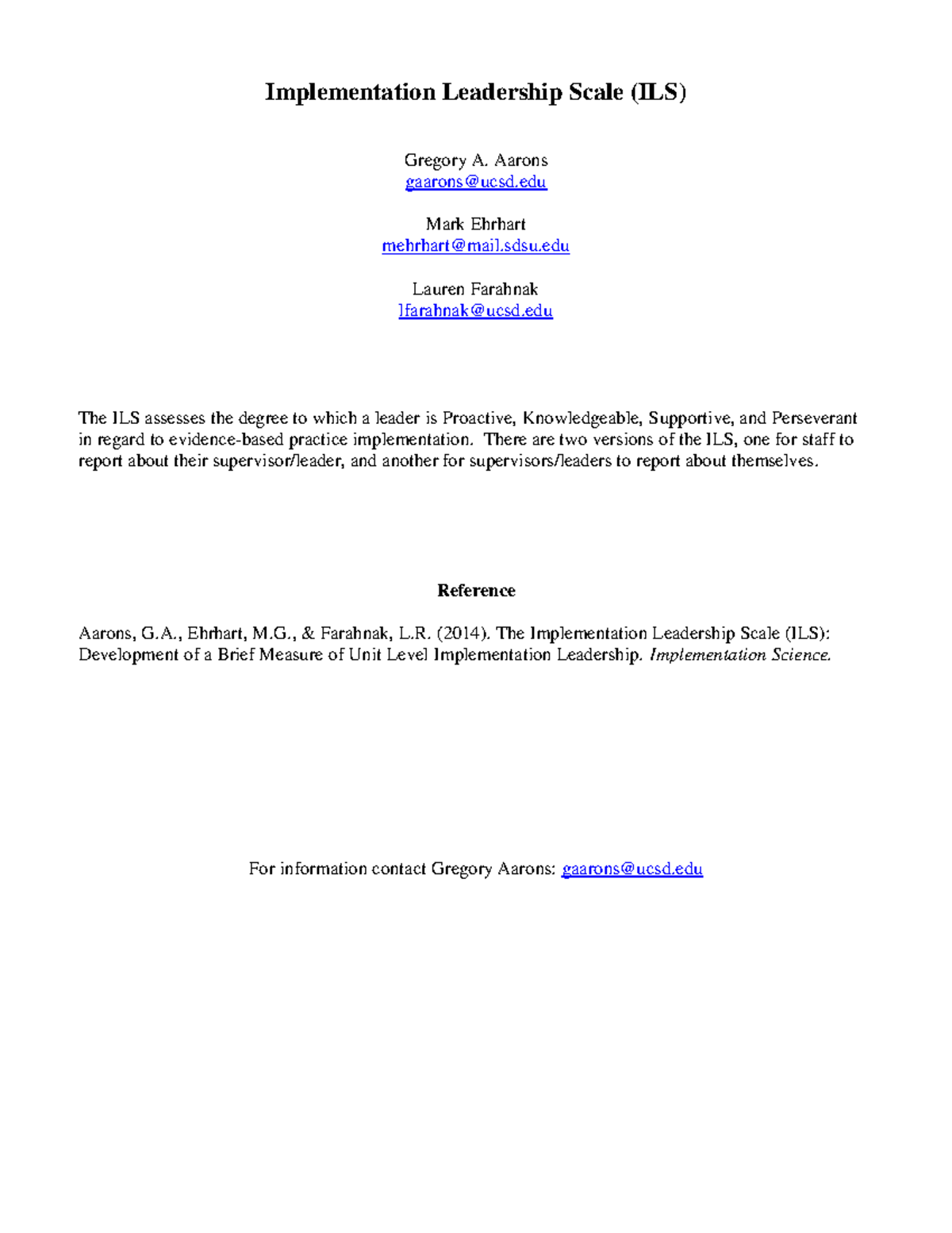 Implementation Leadership Scale (ILS) Assessment Tool - Studeersnel