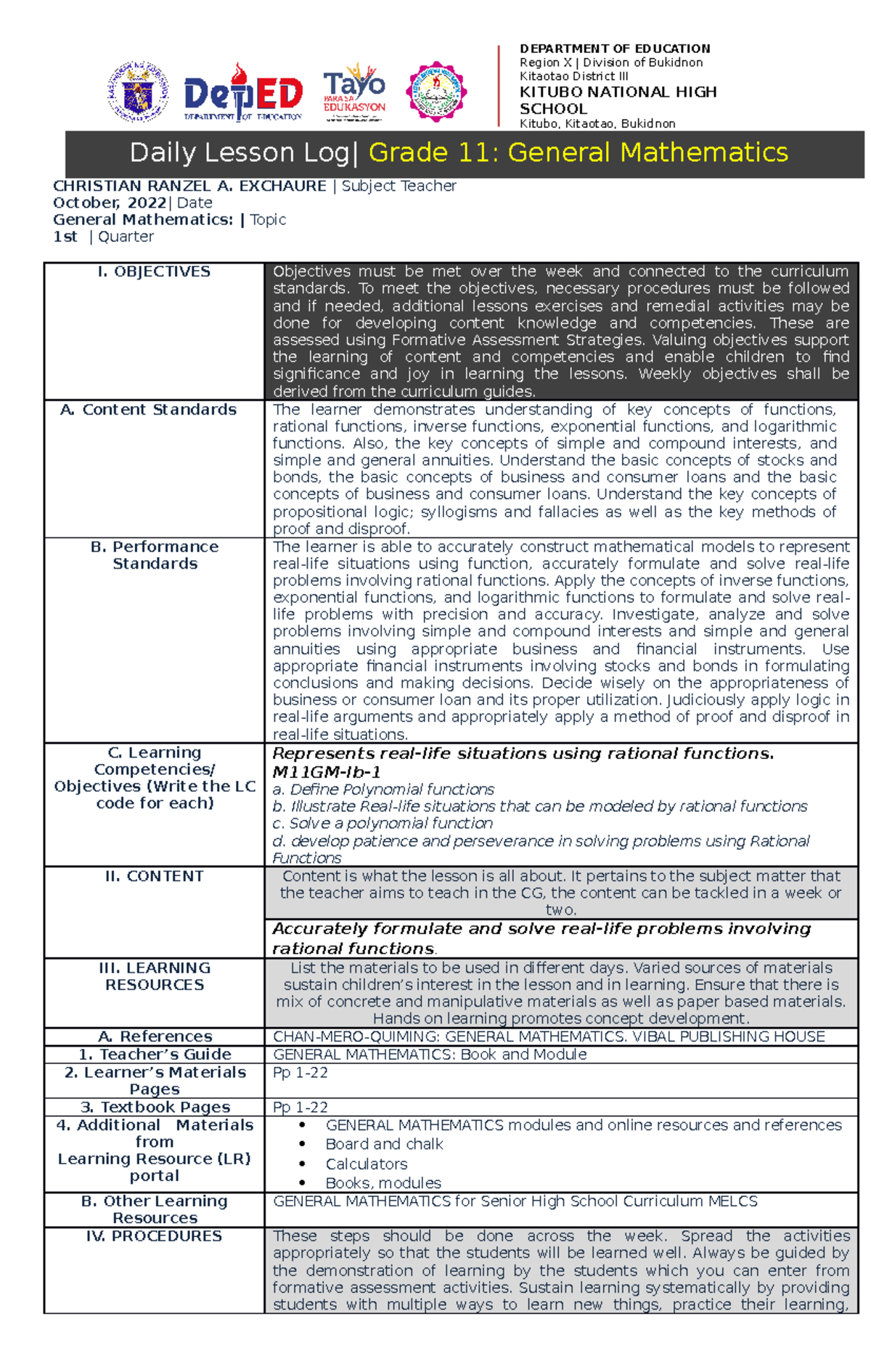 Rational function Lesson PLAN - CHRISTIAN RANZEL A. EXCHAURE | Subject Teacher October, 2022 ...