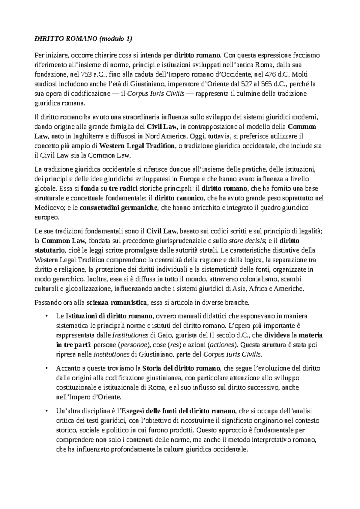Diritto Romano: Fondamenti e Tradizioni - Modulo 1 - Studocu