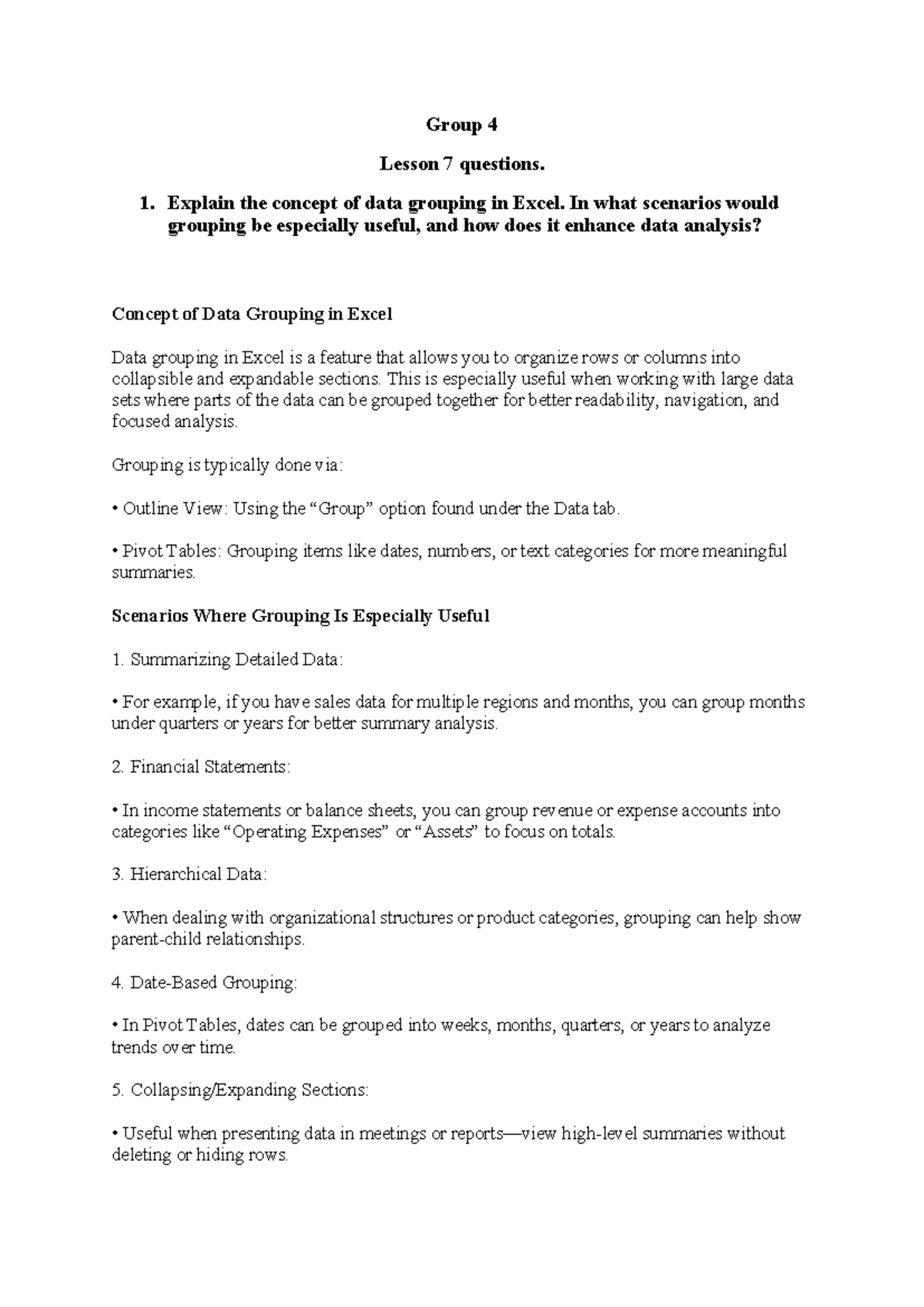 Group 4 Lesson 7: Data Grouping & Slicers in Excel Analysis - Studocu