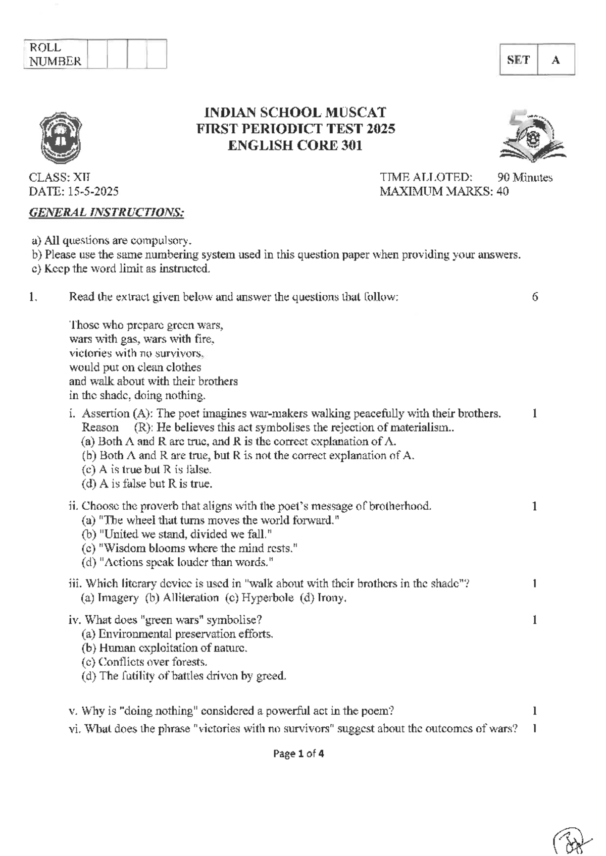 XII English Core 301 First Periodic Test 2025 Question Paper - Studocu