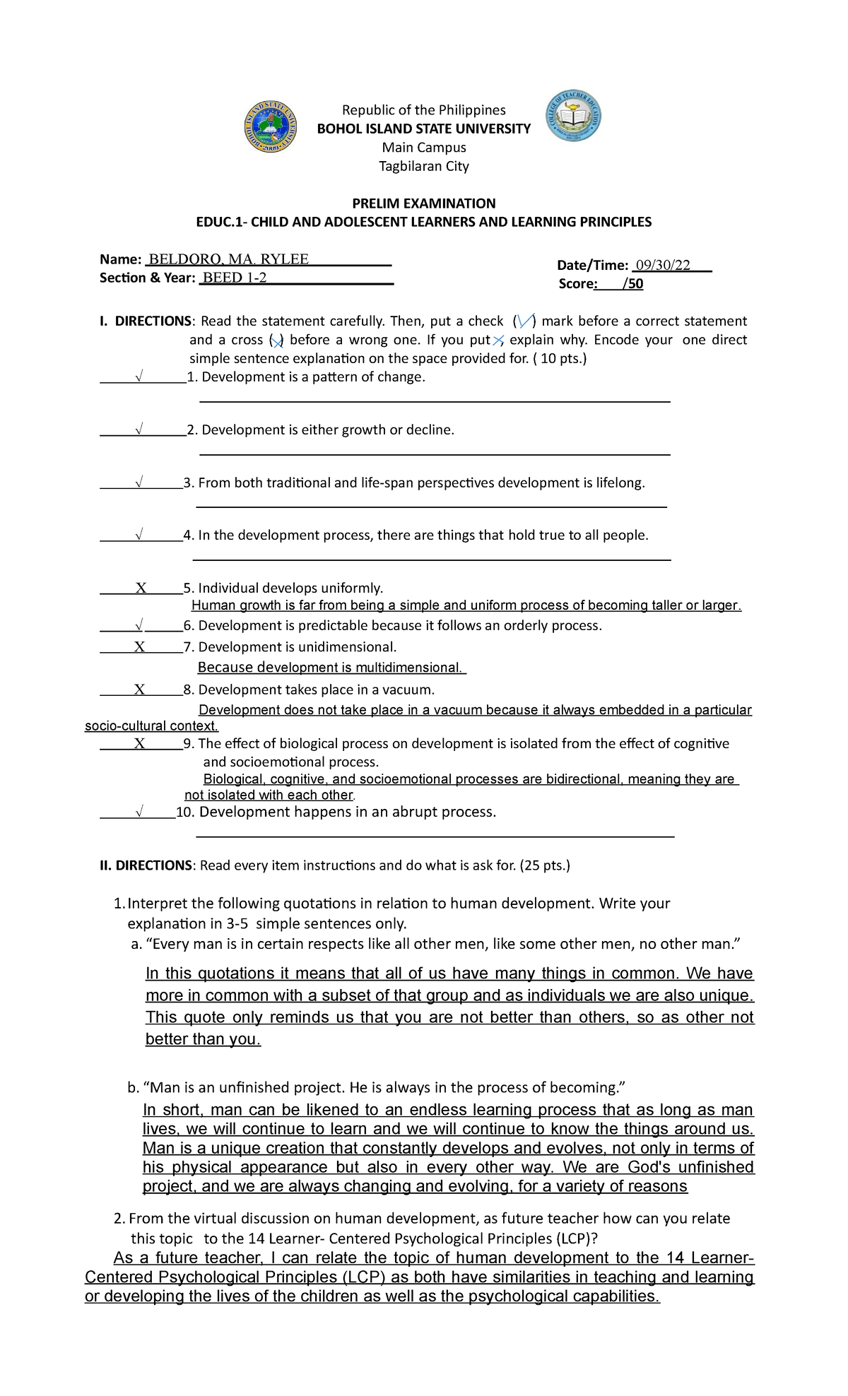 Educ 1 prelim - exam - Republic of the Philippines BOHOL ISLAND STATE ...