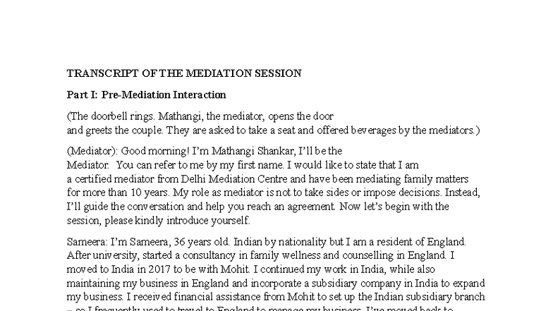 Mediation Session Transcript: Sameera & Mohit - Part I & II - Studocu