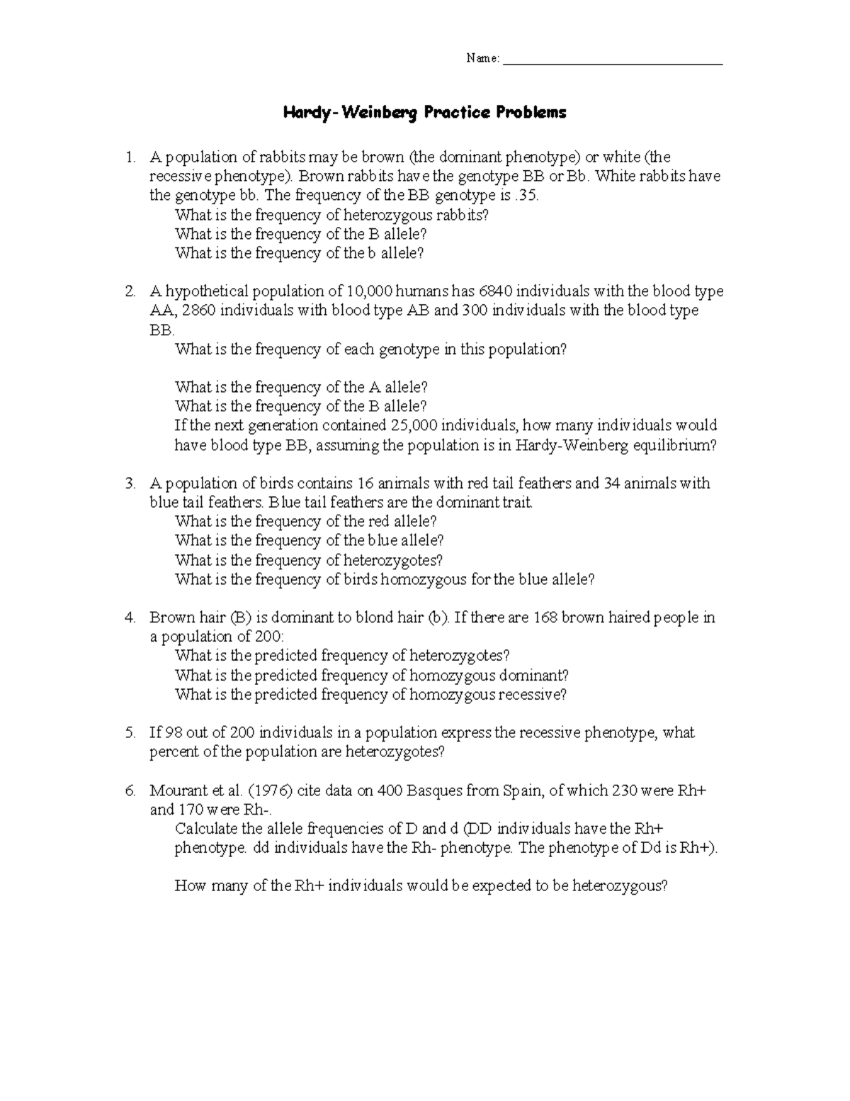Hardy-Weinberg Practice Problems 2: Genotype Frequencies and Alleles ...