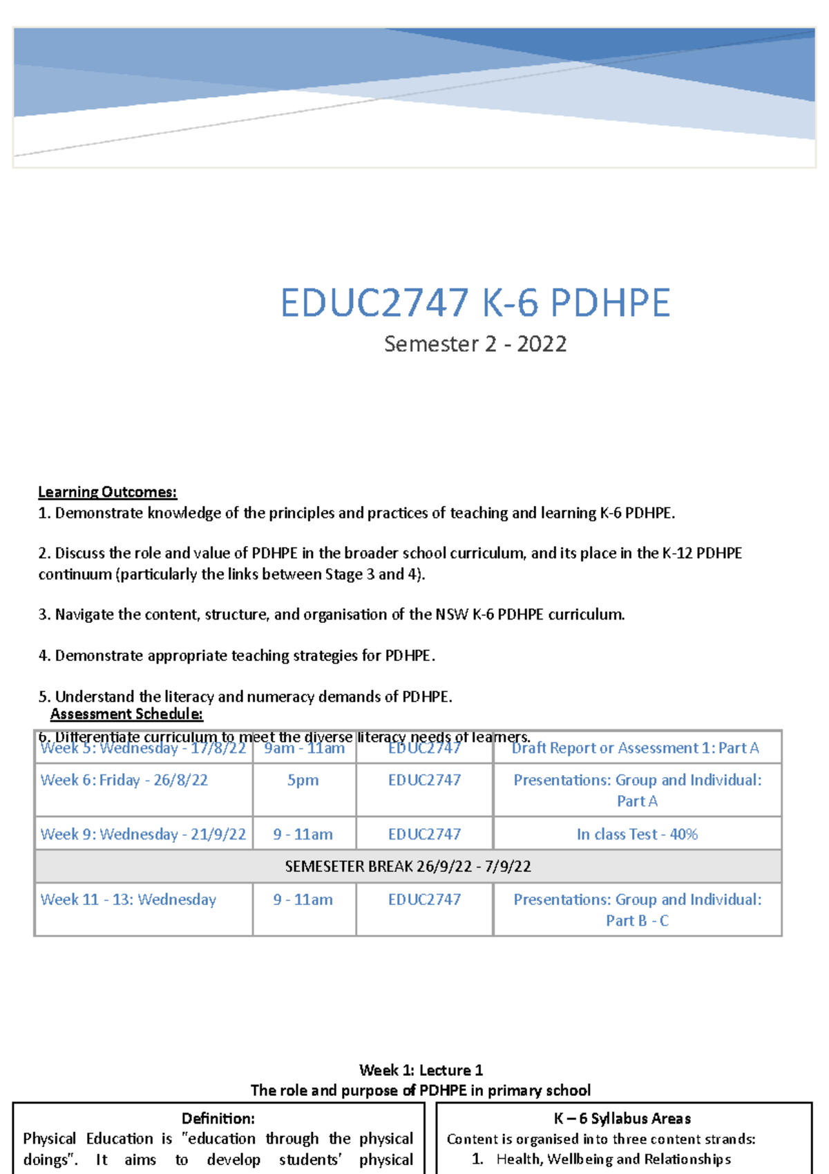 EDUC2747 K-6 PDHPE Assessment Schedule & Learning Outcomes 2022 - Studocu