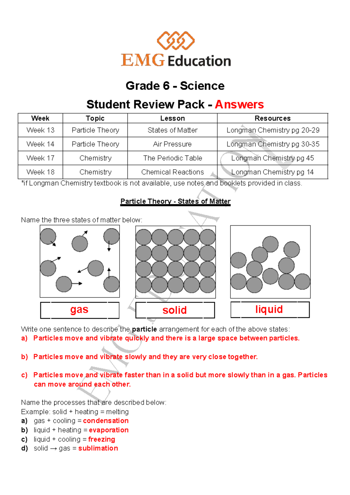 Grade 6 Science Study Pack 1: Answers on Matter & Reactions - Studocu