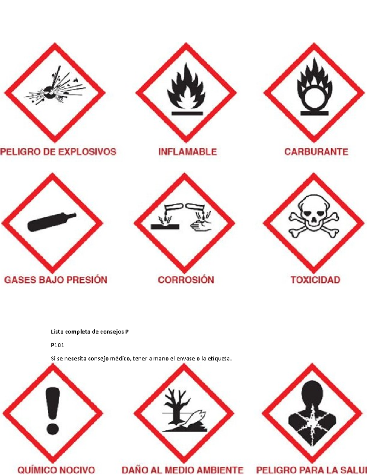 Consejos y Precauciones de Seguridad P: Pictogramas y Frases H - Studocu