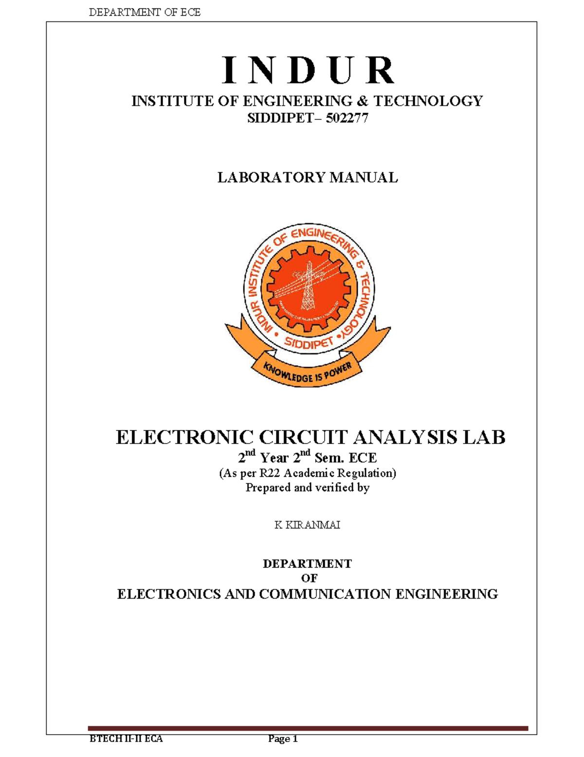 R22 ECE 2nd Year Electronic Circuit Analysis Lab Manual - Studocu