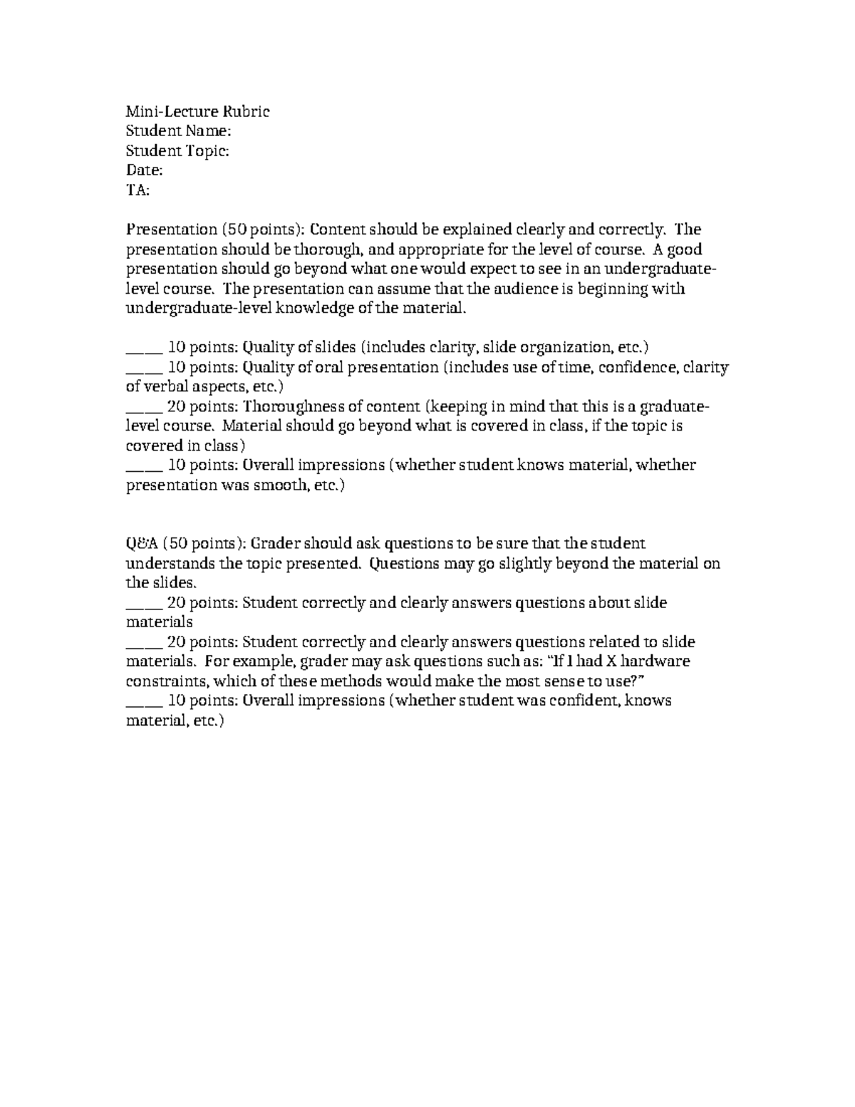 Mini-Lecture Rubric for Graduate Presentations (50 pts) - Studocu