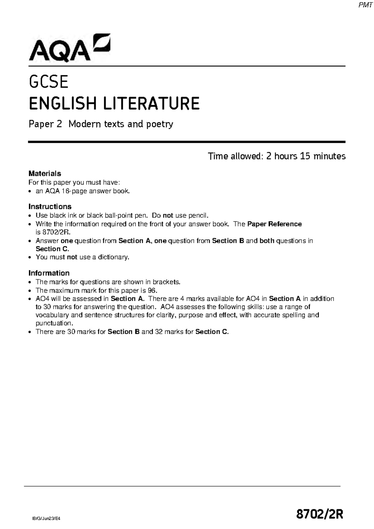 PMT GCSE ENGLISH LITERATURE Paper 2: Modern Texts & Poetry Guide - Studocu