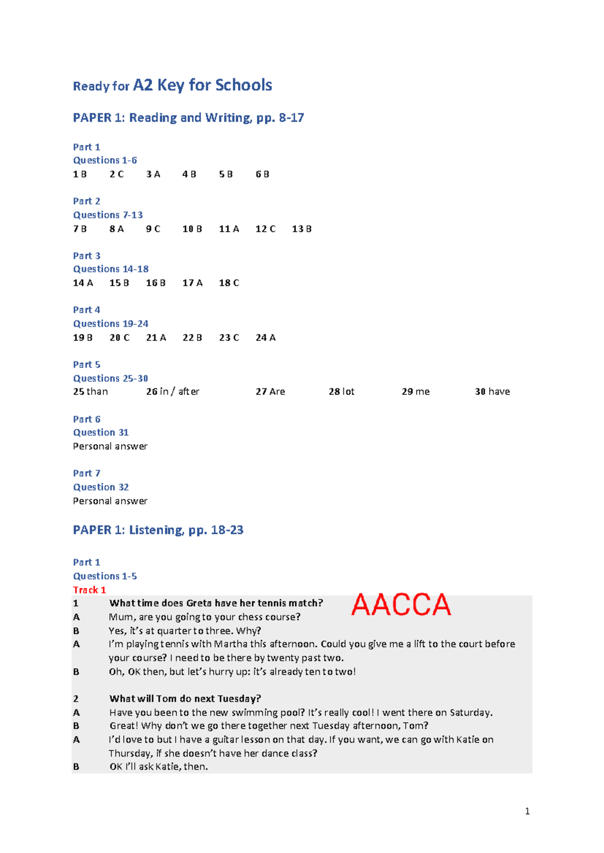 Ready for A2 Key for Schools: Answer Key & Transcripts (25-10-2023 ...