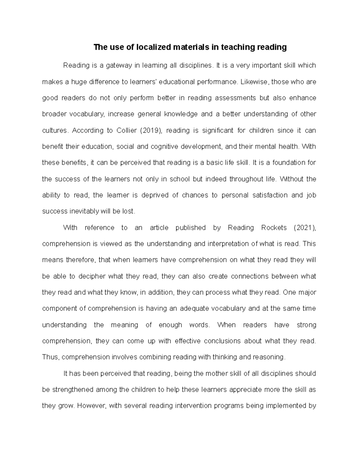 The use of localized materials in teaching reading - It is a very ...