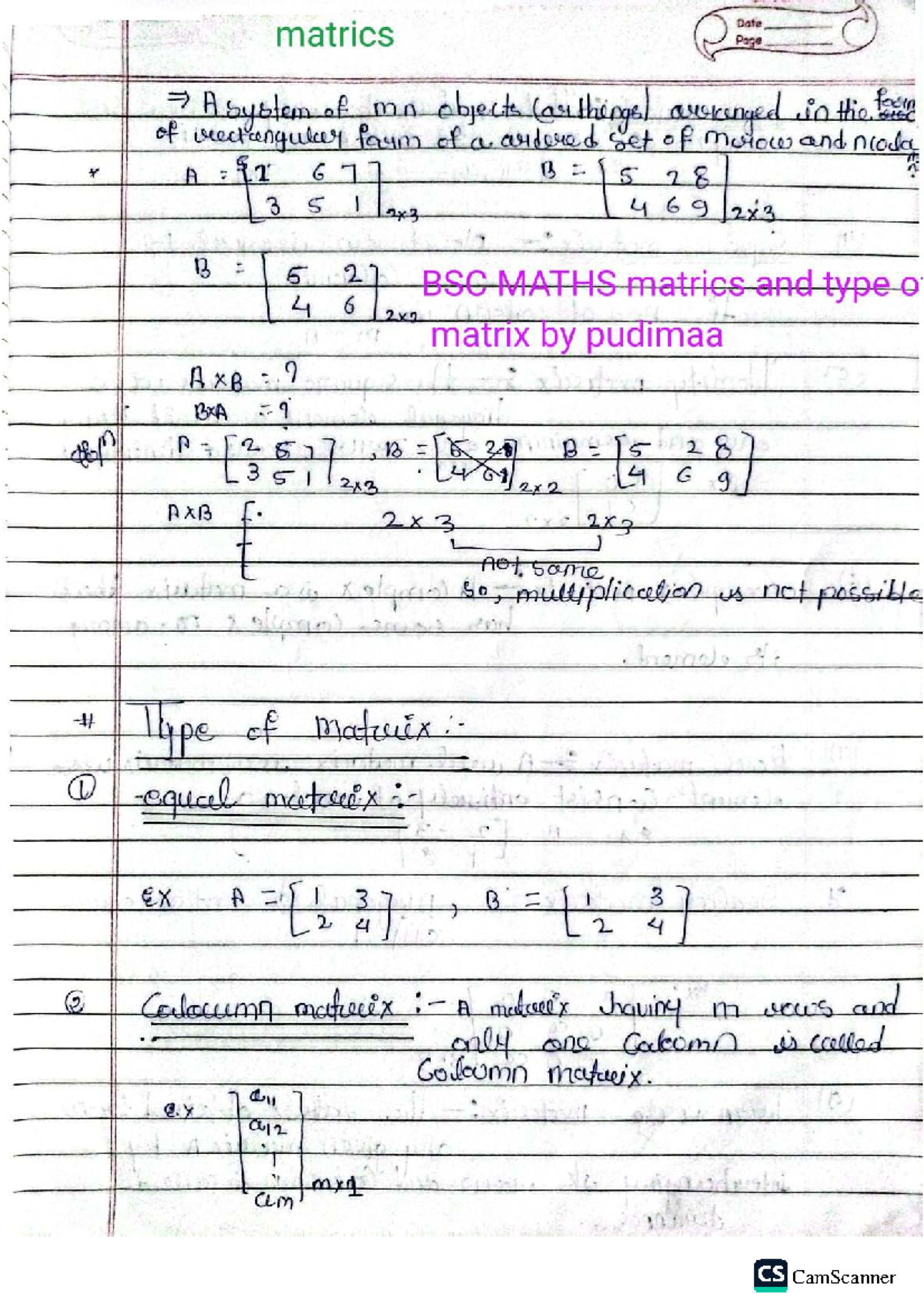 BSC MATHS: Concepts of Matrices and Their Types - Studocu