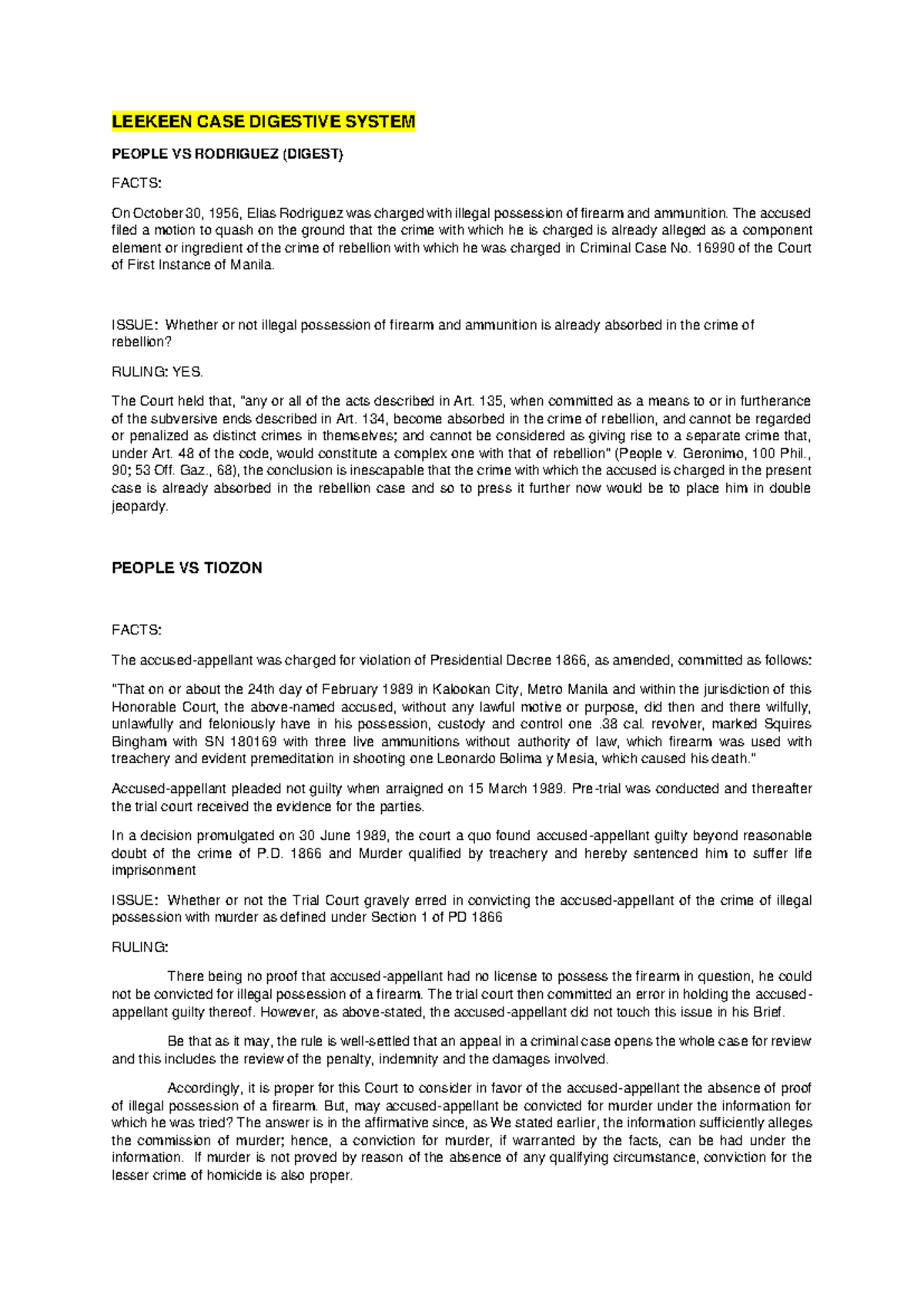 Leeken CRIM 2 Case Digest Notes - Law and Important Rulings - Studocu