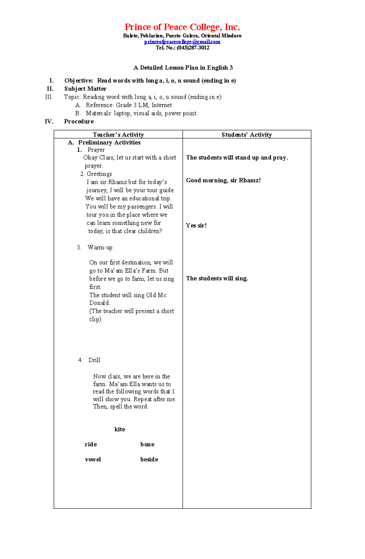 Detailed Lesson Plan for English 3: Long Vowel Sounds - Studocu