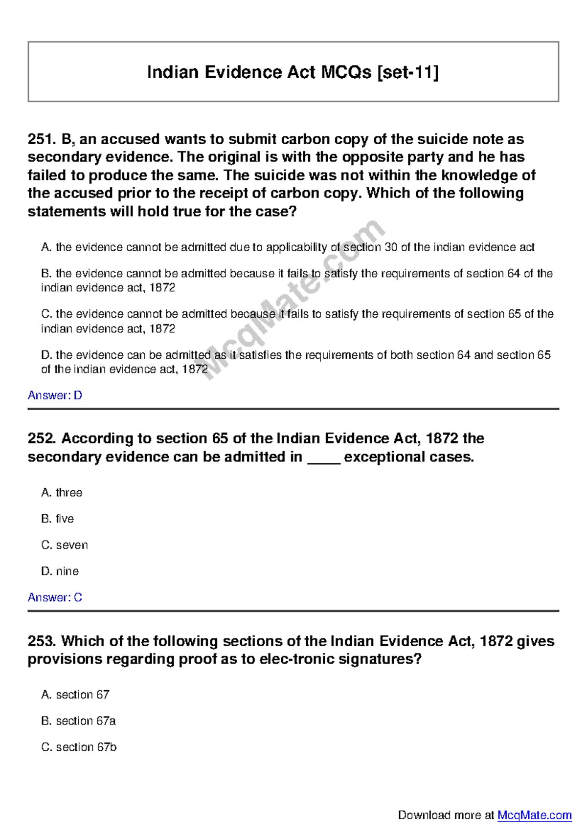 Indian Evidence Act Solved MCQs [set-11] Mcq Mate - Indian Evidence Act ...