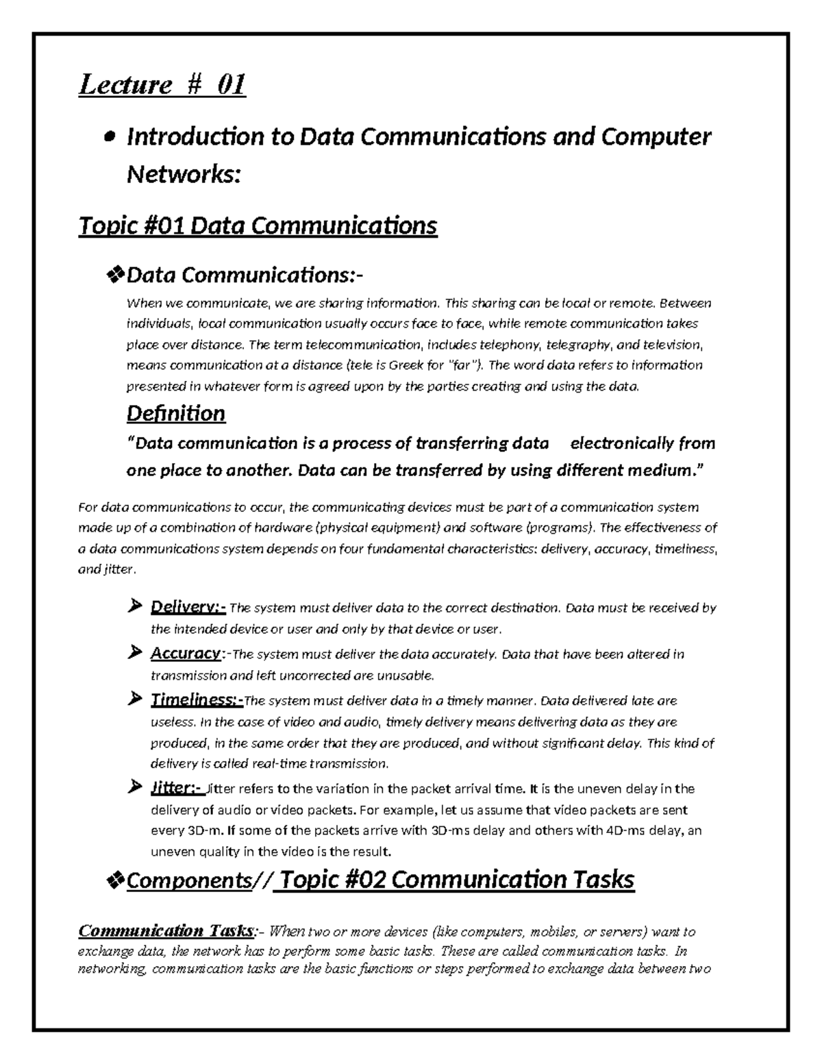 Lecture 01: Intro to Data Communications & Networks Concepts - Studocu