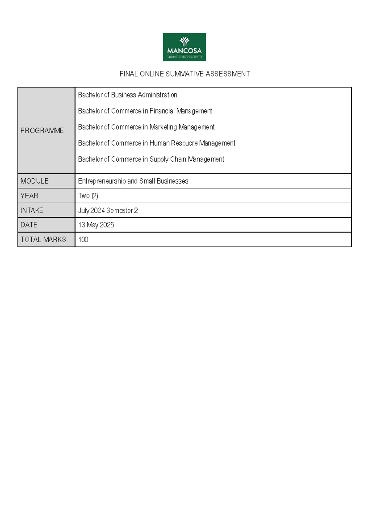 Entrepreneurship and Small Businesses Final OSA (BBA/BCom) - Studocu