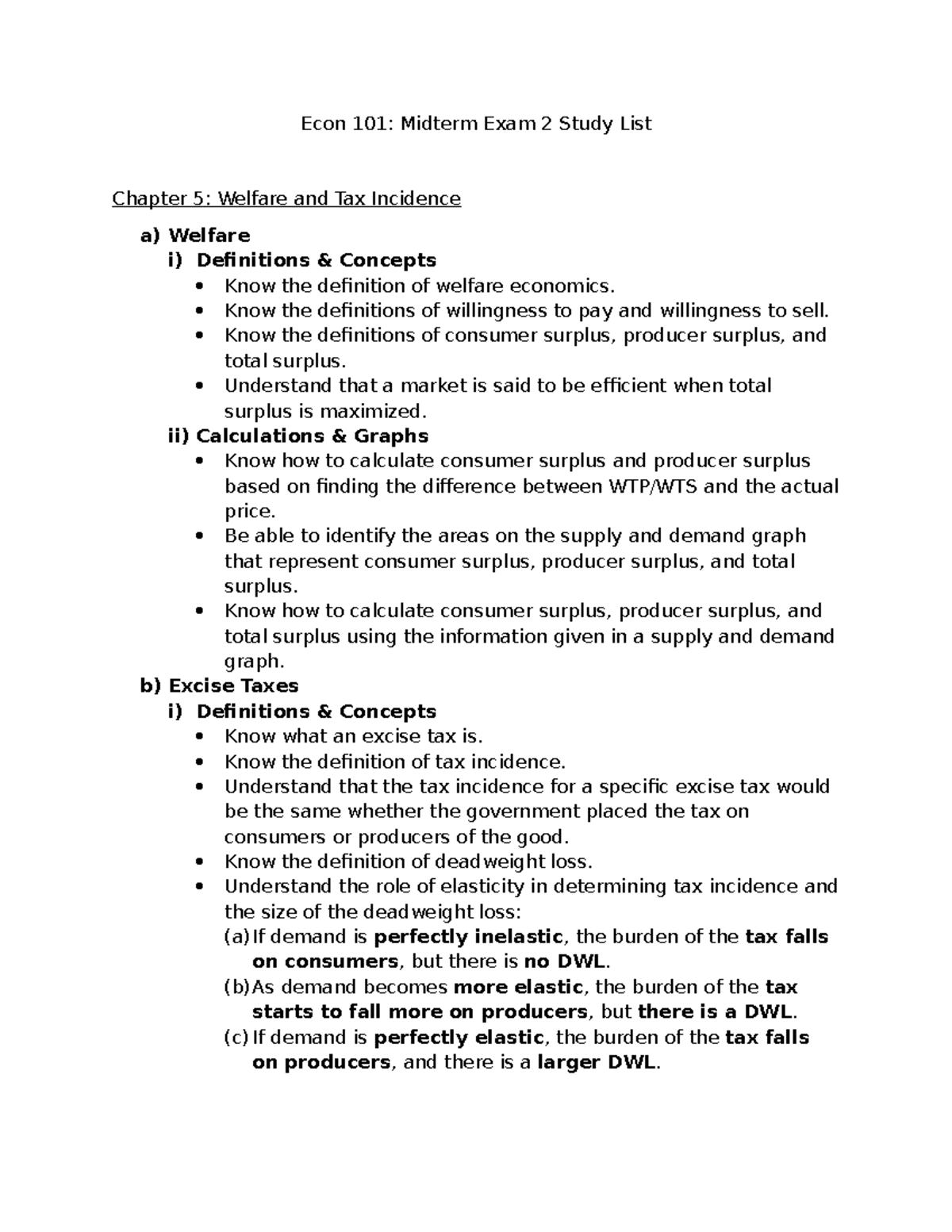 Econ 101: Midterm Exam 2 Study Guide on Welfare, Tax Incidence & Price ...