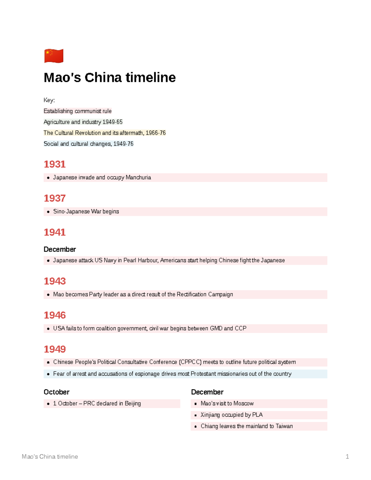 Mao's China: Key Events Timeline (1949-1976) - Studocu